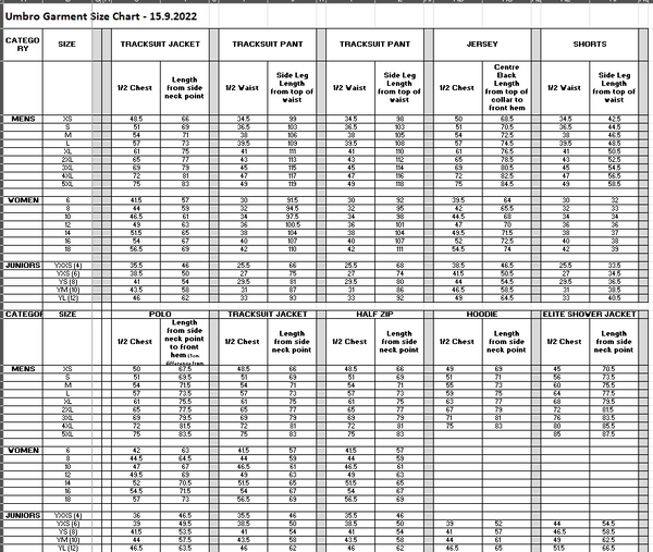 Lane Cove UMBRO SIZING – Pro Sports Group - Umbro